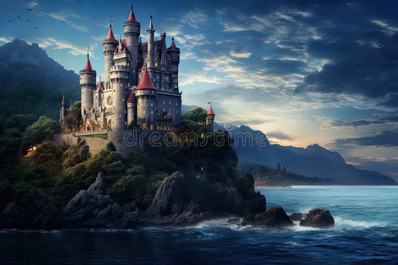 Medieval Fantasy Castle on a Big Rock Stock Illustration - Illustration ...