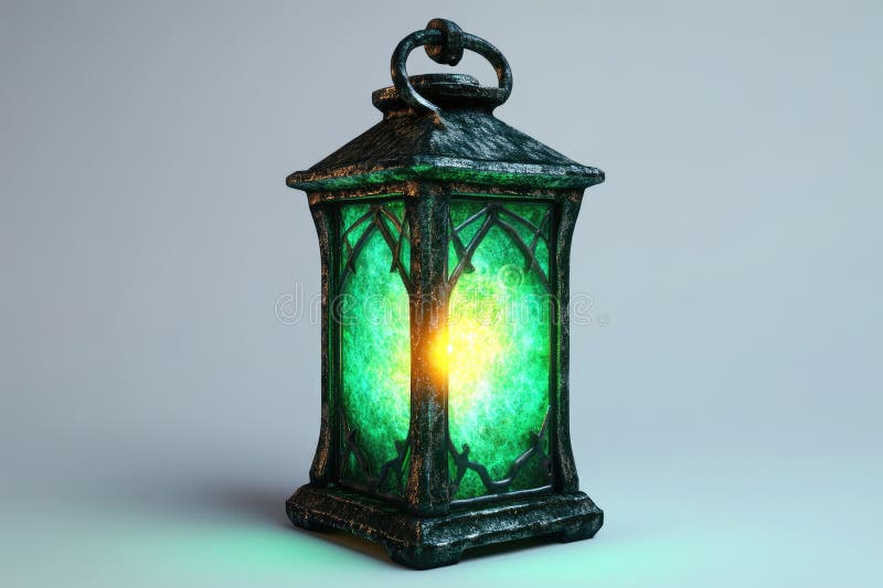 Medieval Fantasy Lantern Glowing with Green Light on White Background ...