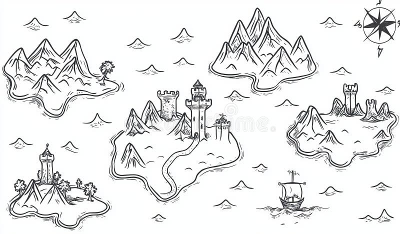 A Medieval Fantasy Map with Mountains, Rivers, and Villages. Hand-drawn ...