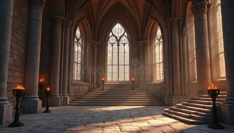Medieval Fantasy Temple Illustration. Interior with Columns, Windows ...