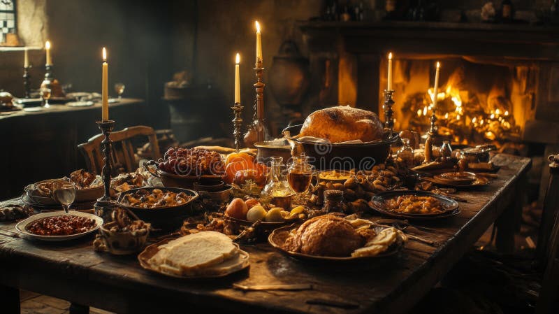 A Medieval Feast Abundant with Food and Candlelight Stock Illustration ...