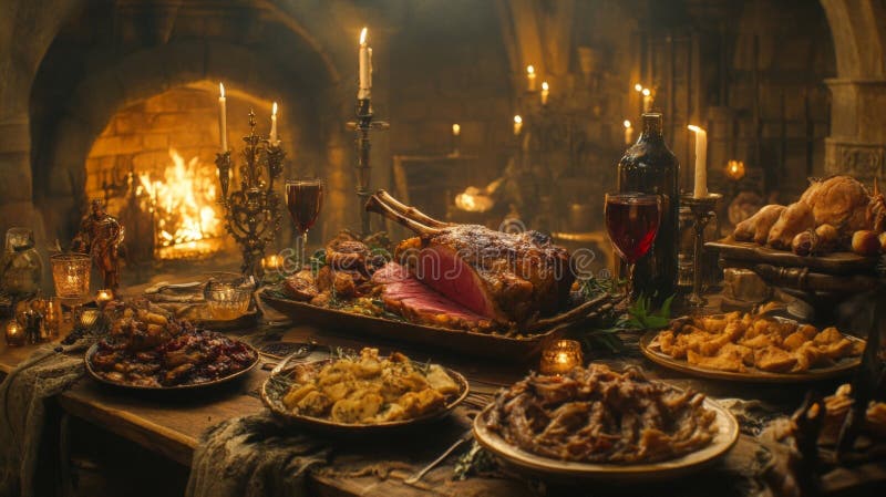 A Medieval Feast Featuring Roasted Meat and Seasonal Sides Stock ...
