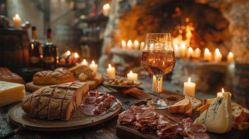 A Medieval Feast Table Filled with Bread, Cheese, Meat, and Candles ...