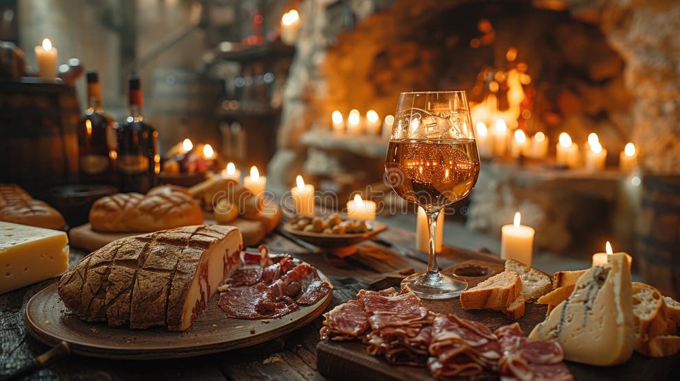 A Medieval Feast Table Filled with Bread, Cheese, Meat, and Candles ...