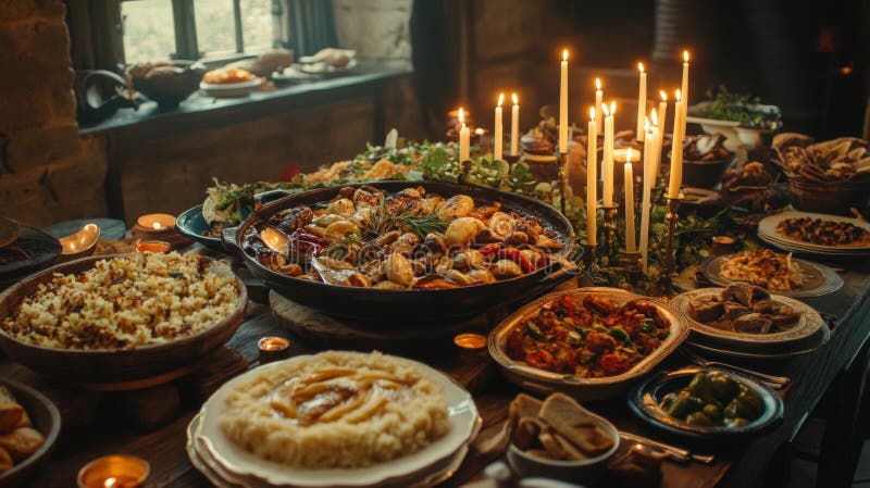 A Medieval Feast Table with Many Dishes and Candles Stock Illustration ...