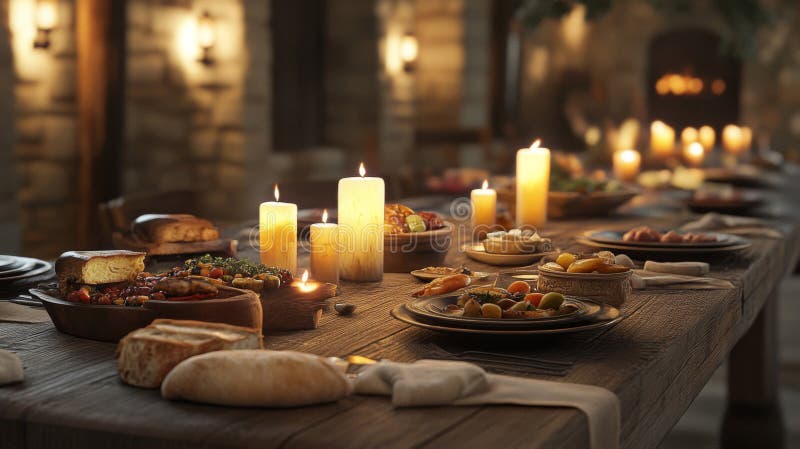 Medieval Feast Table Setting with Candles and Food Stock Illustration ...