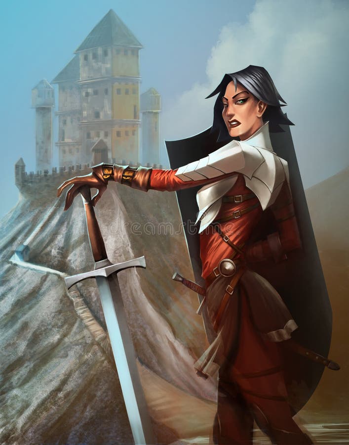 A Medieval Female Warrior Using a Long Sword and a Large Shield Stock ...