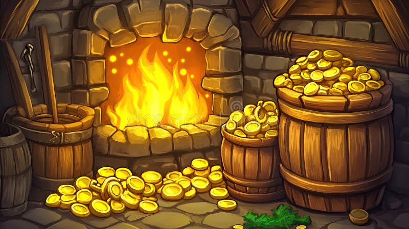 Medieval Fireplace, Gold Coins, Barrels, Game Background Stock Photo ...