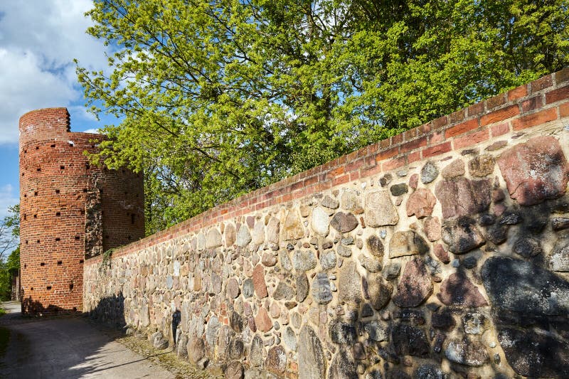 Medieval Fortifications with a Brick Tower and a Stone Wall in Prenzlau ...