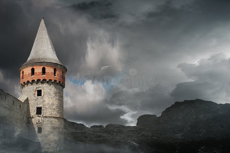 Medieval Fortress on Storm Cloud Sky Background Stock Photo - Image of ...