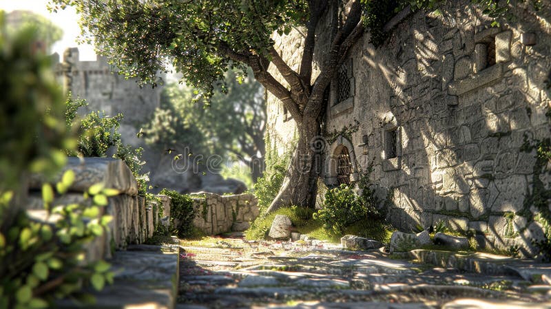 The Medieval Fortress and Tree Shadows Stock Photo - Image of rock ...