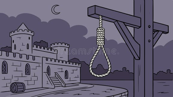 Medieval Gallows Structure Next To Castle Walls at Night, Vector Design ...