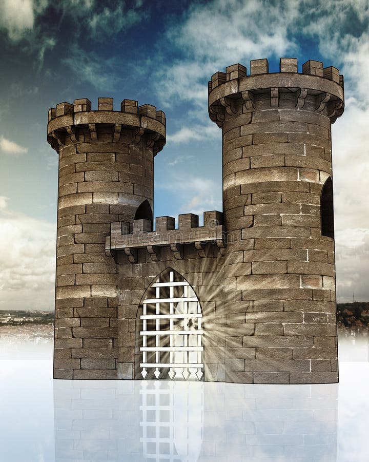 Medieval Gate with Closed Lattice and Guard Towers Stock Illustration ...