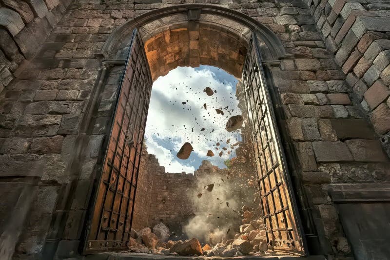 Medieval Gate Shattering from a Stone Thrown by a Catapult Stock Image ...