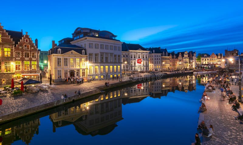 Korenlei Quay in Medieval Gent at Night, Belgium Stock Photo - Image of ...