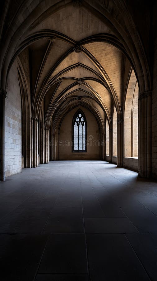 Medieval Hallway with Arched Vaults and Stone Columns Architecture ...