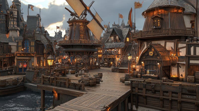 Medieval Harbor Town at Dusk with Windmill Stock Illustration ...