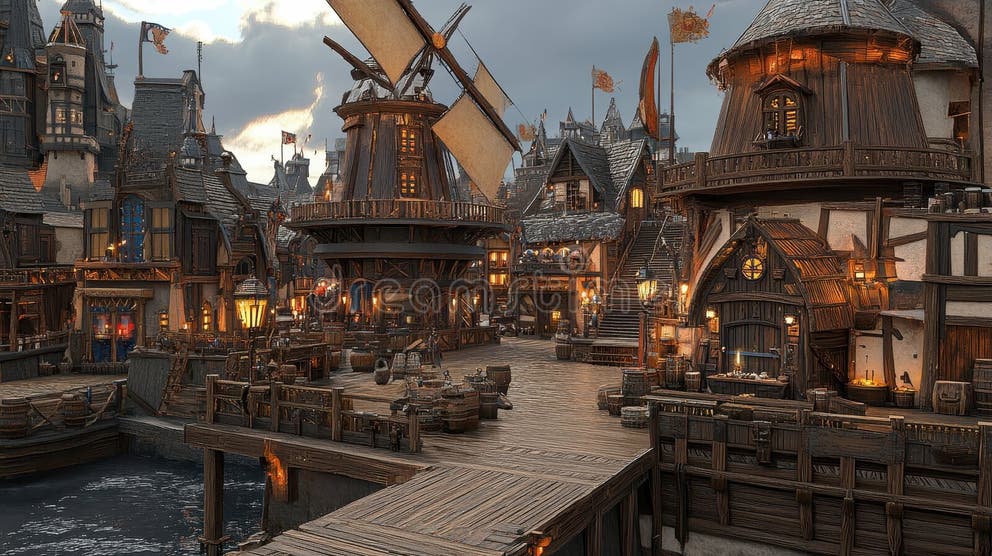Medieval Harbor Town at Dusk with Windmill Stock Illustration ...
