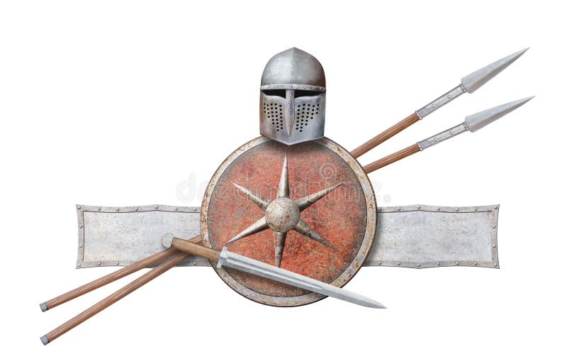 Medieval Helmet Shield Sword and Two Spears Isolated on White Stock ...