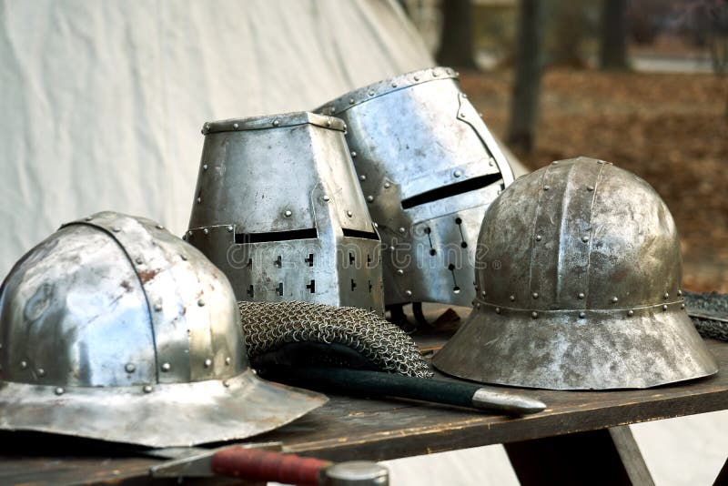 Medieval Helmets with Eyes Slits Standing on the Table Stock Image ...