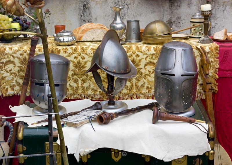 Medieval Helmets and Other Historic Objects Stock Image - Image of ...