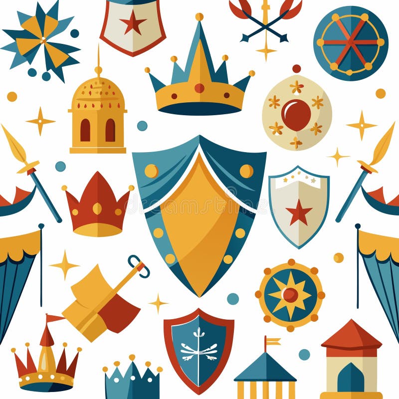 Medieval Heraldic Pattern Featuring Crowns, Shields, Flags, and ...