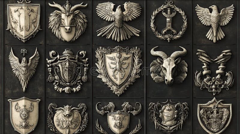 Medieval Heraldic Shields Collection, Dark Background, Design Elements ... Medieval Heraldic Shields Collection, Dark Background, Design Elements ...