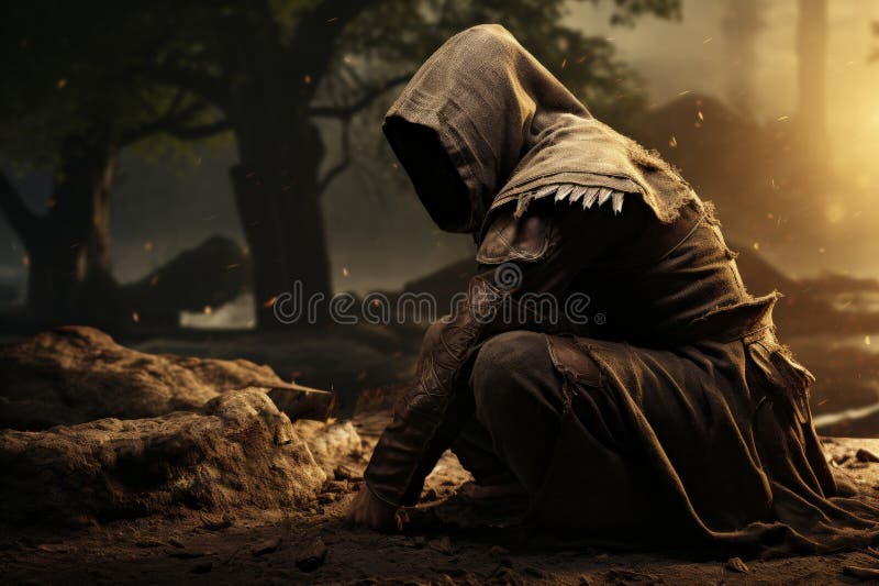 Medieval Hero Robin Hood with His Head Covered, Concealed in the Forest ...