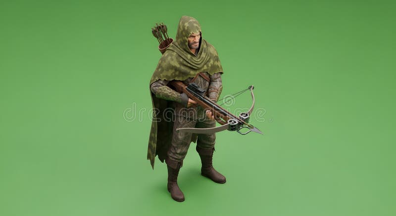 Medieval Huntsman Aiming Crossbow on Green Background, Fantasy Warrior ...