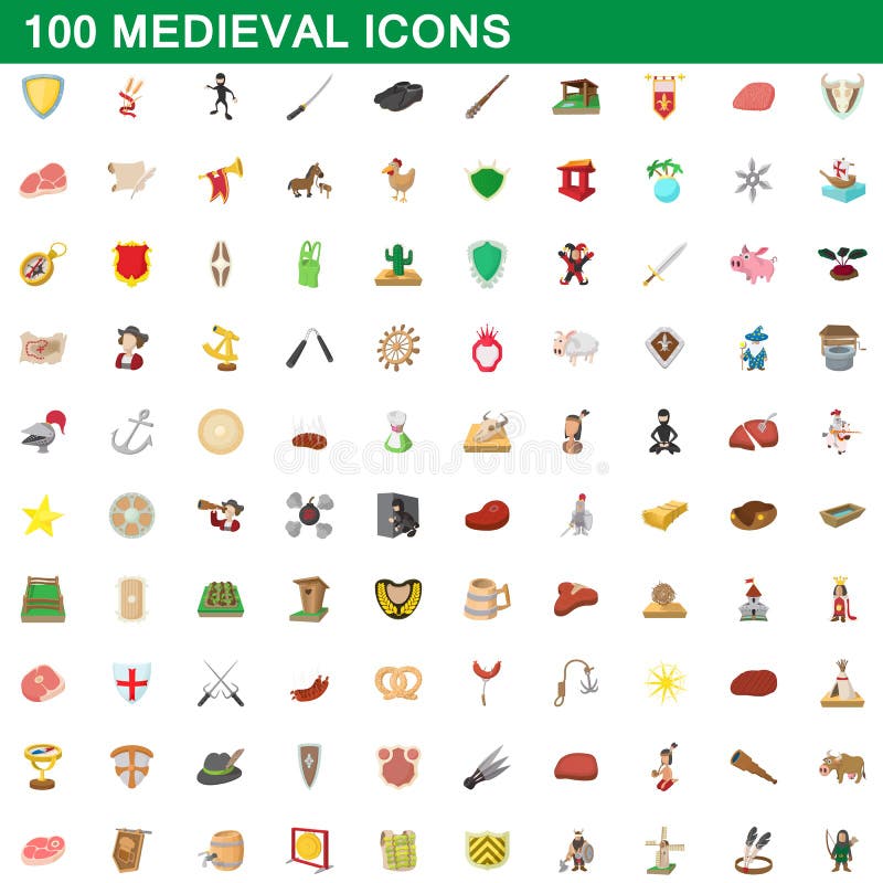 100 Medieval Icons Set, Cartoon Style Stock Vector - Illustration of ...