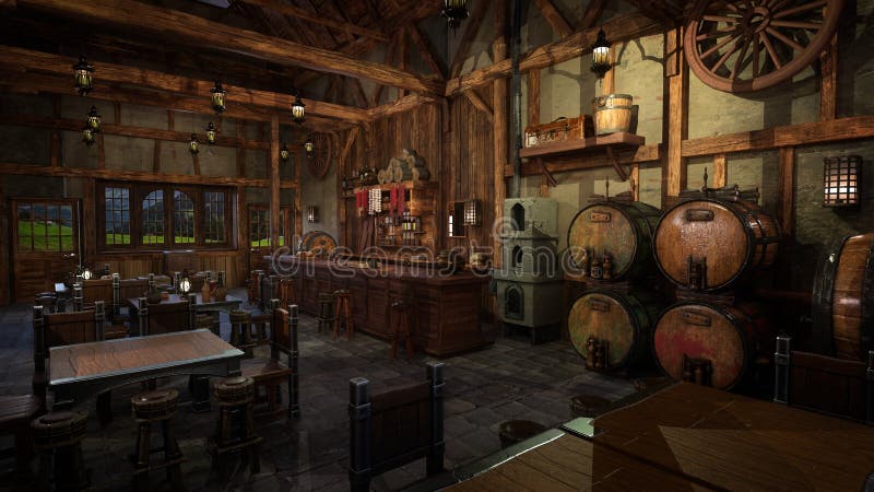 Medieval Inn Bar with Food and Drink on Tables and Daylight through a ...