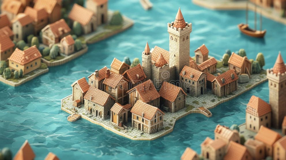 Medieval Island Town Digital Art Stock Illustration - Illustration of ...