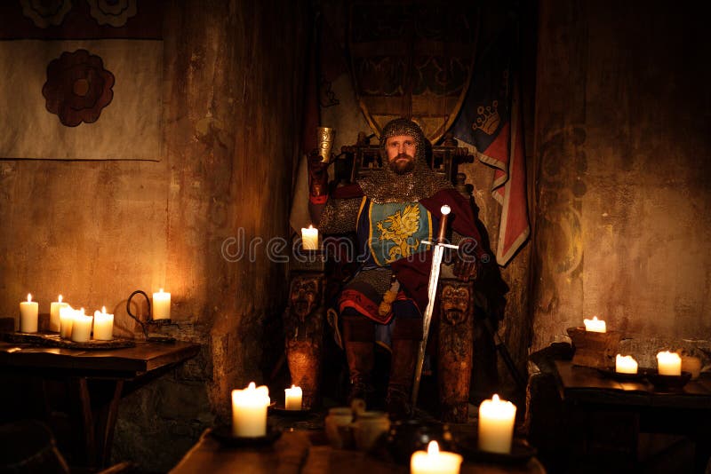 Medieval King on Throne in Ancient Castle Interior. Stock Photo - Image ...