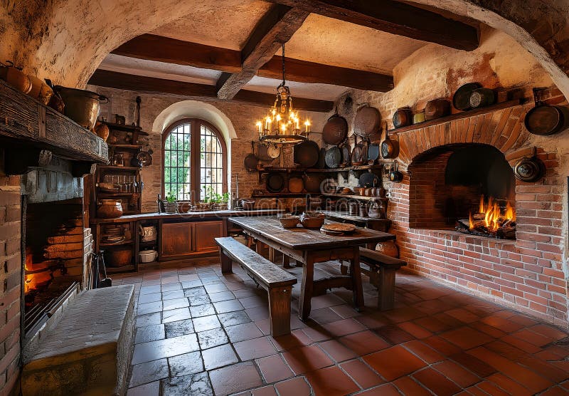 Medieval Kitchen Interior with Brick Fireplace Stock Illustration ...