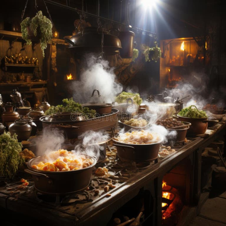 Medieval Kitchen with Steaming Pots and Fire Stock Illustration ...