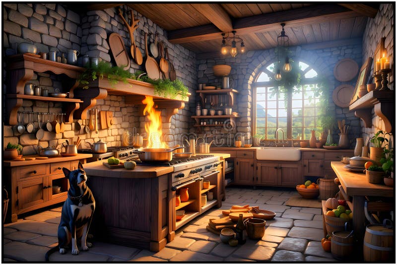 A Medieval Kitchen Interior with an Open Hearth, Hanging Pots and Pans ...