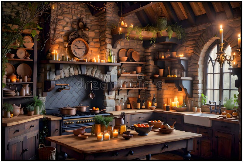 A Medieval Kitchen Interior with an Open Hearth, Hanging Pots and Pans ...