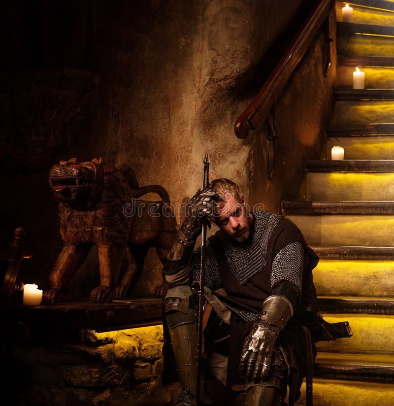 Medieval Knight in Ancient Castle Interior. Stock Image - Image of ...