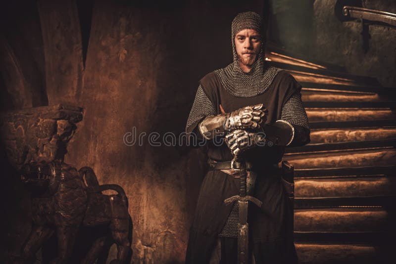 Medieval Knight in Ancient Castle Interior. Stock Image - Image of coat ...