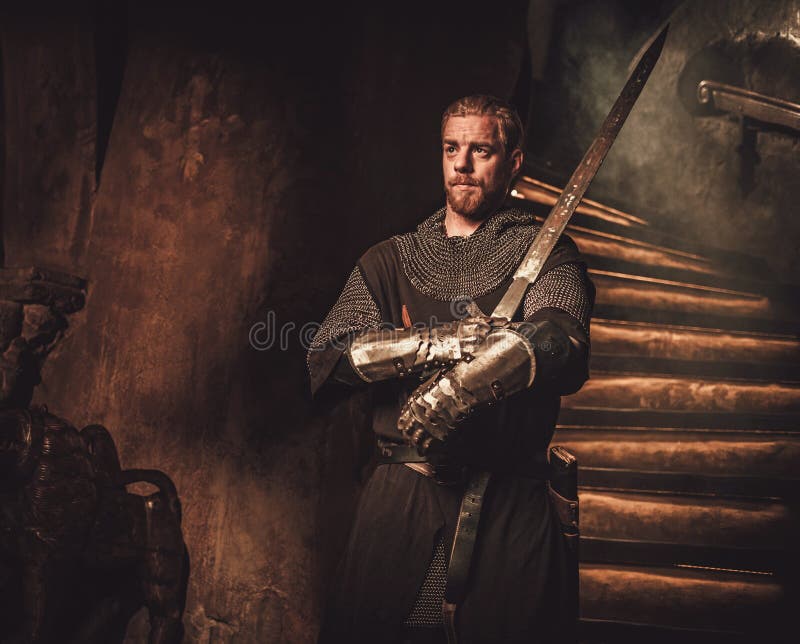 Medieval Knight in Ancient Castle Interior. Stock Photo - Image of coat ...