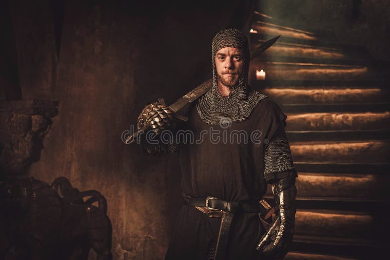 Medieval Knight in Ancient Castle Interior. Stock Image - Image of ...