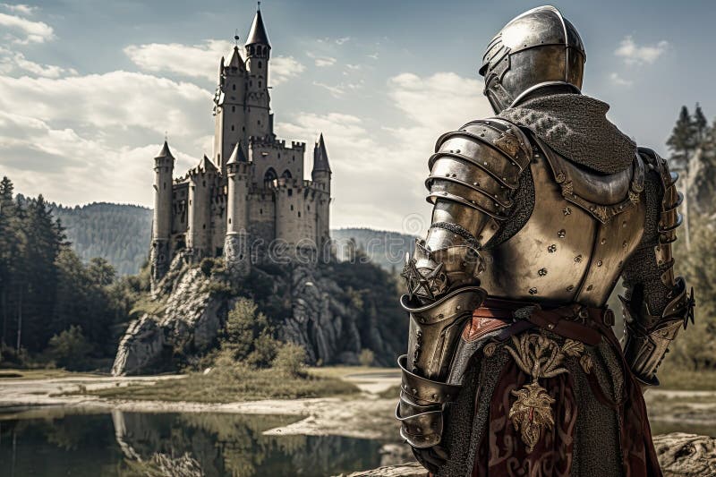 Medieval Knight in Armor on the Background of the Castle and Lake, AI ...