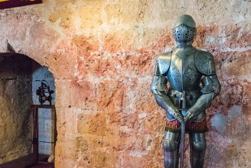 Medieval Knight Armor in Castle Hall Stock Photo - Image of battle ...