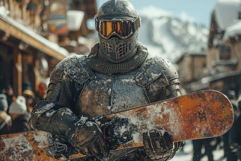 A Medieval Knight in Armor with a Snowboard in His Hands in Winter in a ...