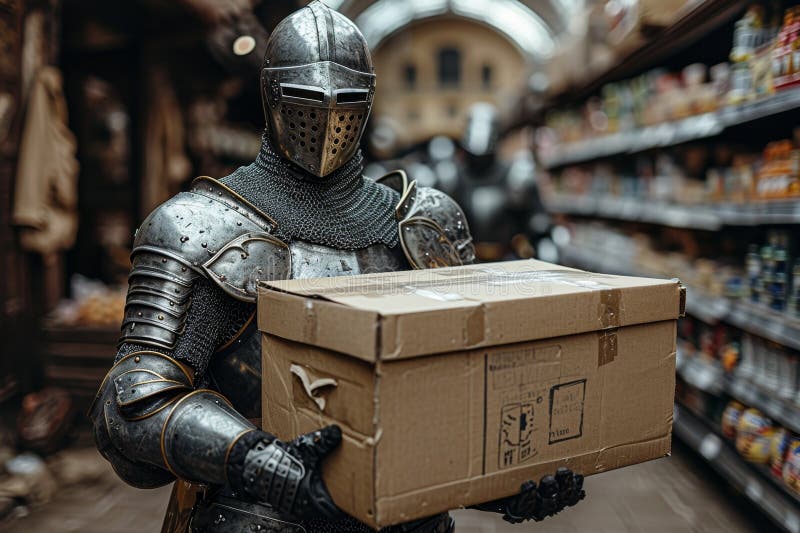 A Medieval Knight in Armor Stands with a Cardboard Box in a Store Stock ...