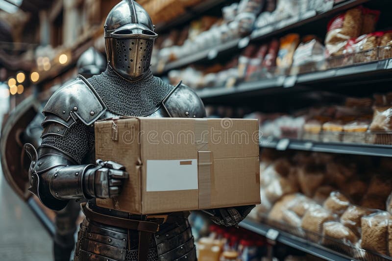 A Medieval Knight in Armor Stands with a Cardboard Box in a Store Stock ...