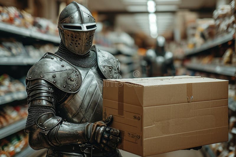 A Medieval Knight in Armor Stands with a Cardboard Box in a Store Stock ...