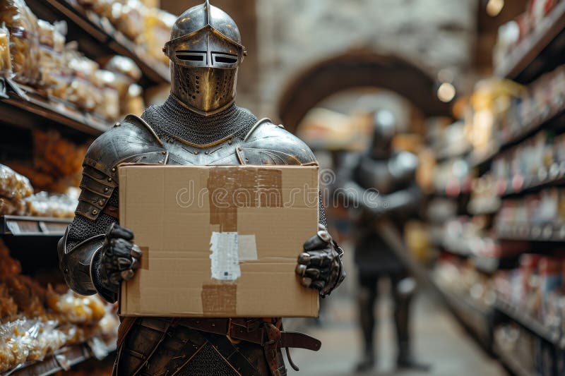 A Medieval Knight in Armor Stands with a Cardboard Box in a Store Stock ...