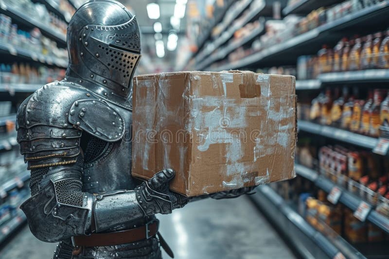 A Medieval Knight in Armor Stands with a Cardboard Box in a Store Stock ...