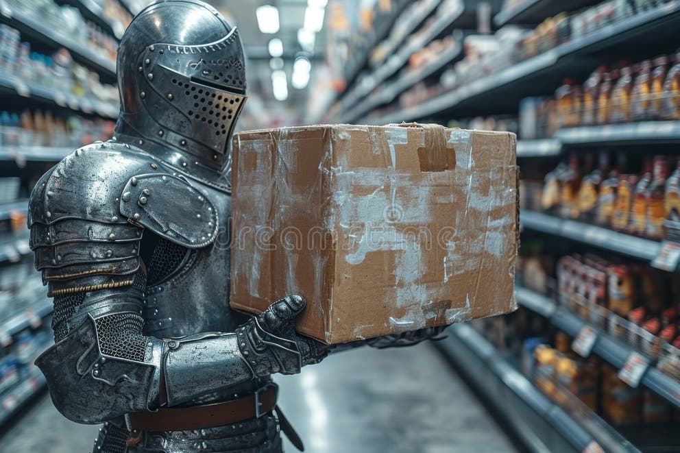 A Medieval Knight in Armor Stands with a Cardboard Box in a Store Stock ...